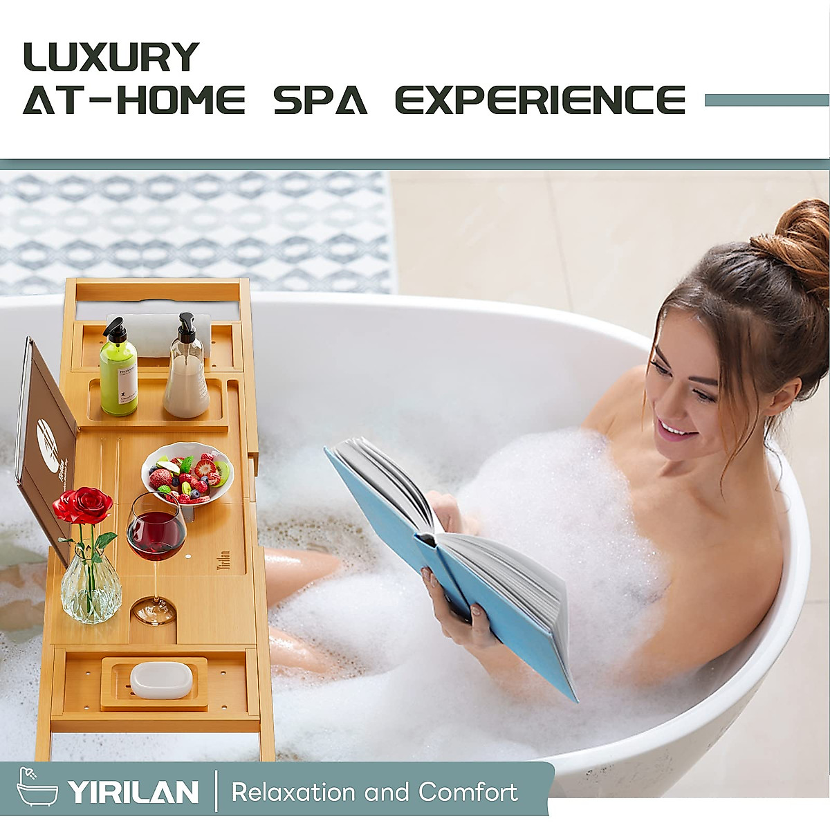 Yirilan Luxury Bathtub Tray Caddy - Expandable Bath Tray - Unique House Warming Gifts, New Home, Anniversary & Wedding Gifts for Couple, Bridal Shower Gift for Women