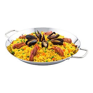 Restaurantware 10 Inch Spanish Paella Pan 1 Induction Ready Paella Pan - Heavy-Duty Riveted Handles Silver Stainless Steel Spanish Pan Dishwasher-Safe Paella Cookware For Homes or Restaurants