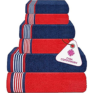 CASA COPENHAGEN Designed in Denmark 550 GSM 2 Large Bath Towels 2 Large Hand Towels 2 Washcloths, Super Soft Egyptian Cotton 6 Towels Set for Bathroom, Kitchen & Shower - American Blue & Red