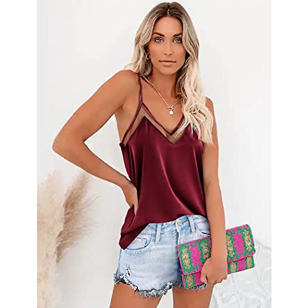 Ekouaer Satin Mesh V Neck Tank Top Women Cami Top Silk Camisole Blouse Red