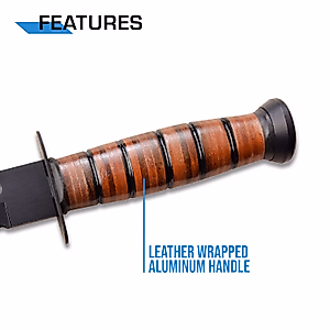 MTech USA – Fixed Blade Knife – Black, Partially Serrated Blade, Leather Wrapped Handle, Includes Leather Sheath with U.S. Marines Logo, Hunting, Camping, Survival, Tactical, EDC - MT-122MR