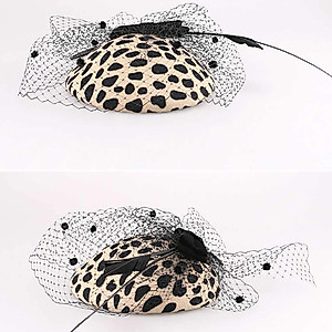F FADVES 100% Australian Wool Pillbox Hat Black Veil Fedora Lepoard Print Fascinator