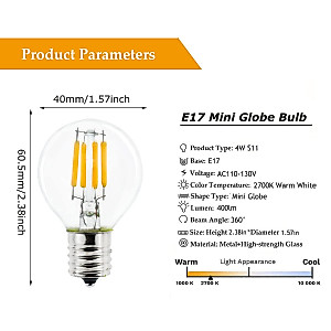2-Pack E17 Mini Globe Bulb S11 LED Light Bulb,E17 Intermediate Base 4W Warm White 2700K,40 Watt S11 G40 Incandescent Bulb Replacement for Desk Lamp,Cabinet,Closet, Non-Dimmable