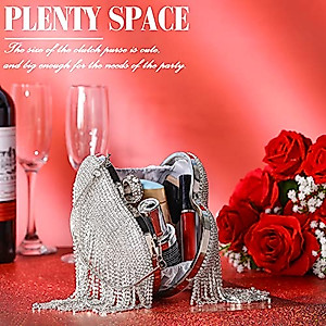 Women Heart Shape Crystal Tassel Clutch Purse Silver Rhinestone Evening Hand Bags with Long Chain for Wedding Engagement Party