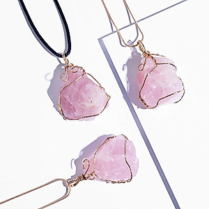 JUNHAN 3PCS Raw Irregular Crystal Pendant Necklace for Women Natural Tumbled Rock Quartz Wrapped Gold Wire Chakra Gemstone Jewelry with 2 Different Chains