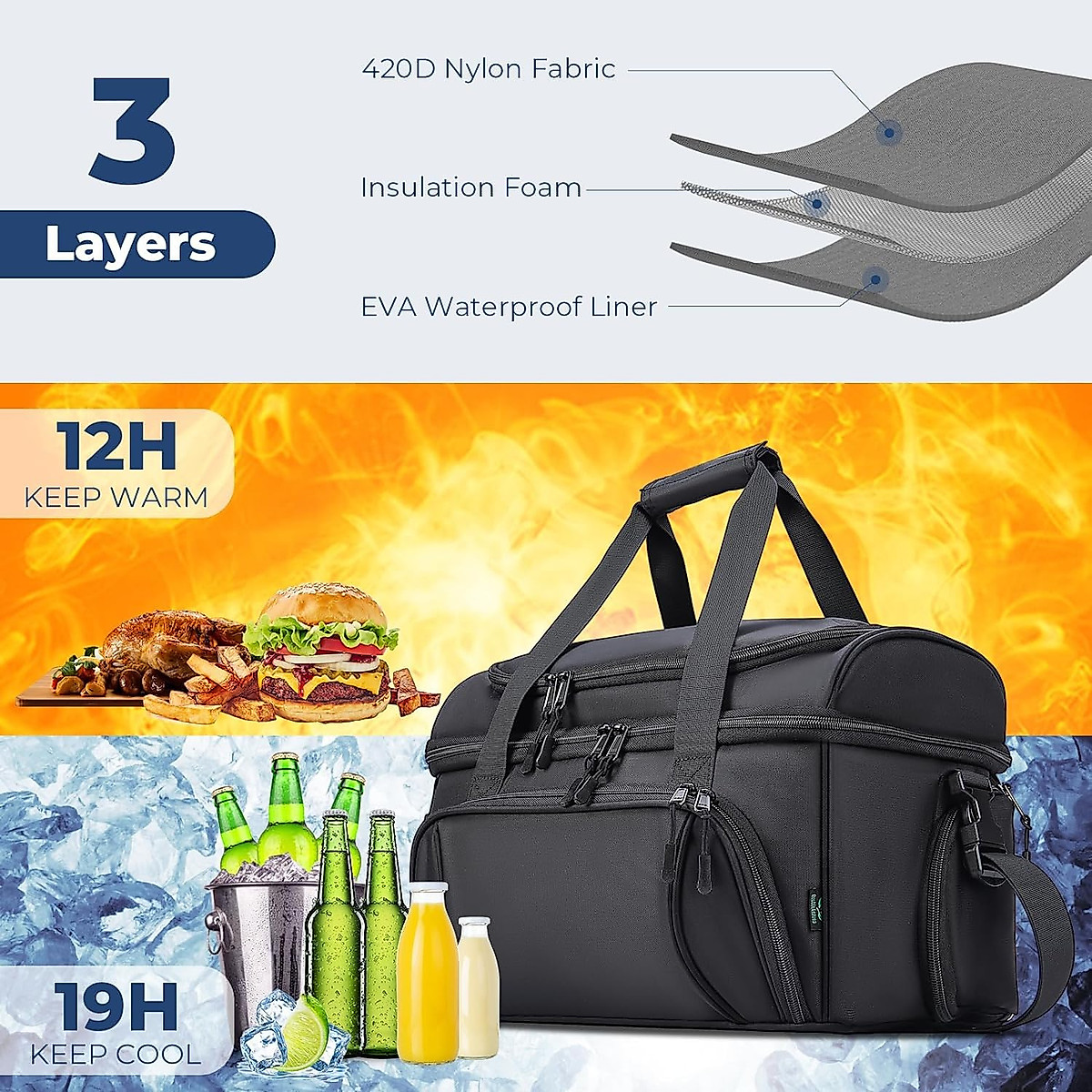 Double Leaves 30L Extra Large Cooler Bag Insulated Flight Attendant Lunch Bag Crew Cooler Bag for Men Soft Sided Lunch Box Leakproof for Travel Camping Beach Picnic, Black