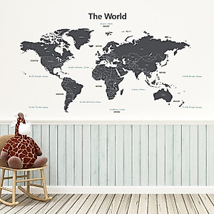 DECOWALL DL3-1609GF XLarge Modern Flag Grey World Map Kids Wall Stickers (66x35 inch) Wall Decals Peel and Stick Removable Wall Stickers for Kids Nursery Bedroom Living Room Decor