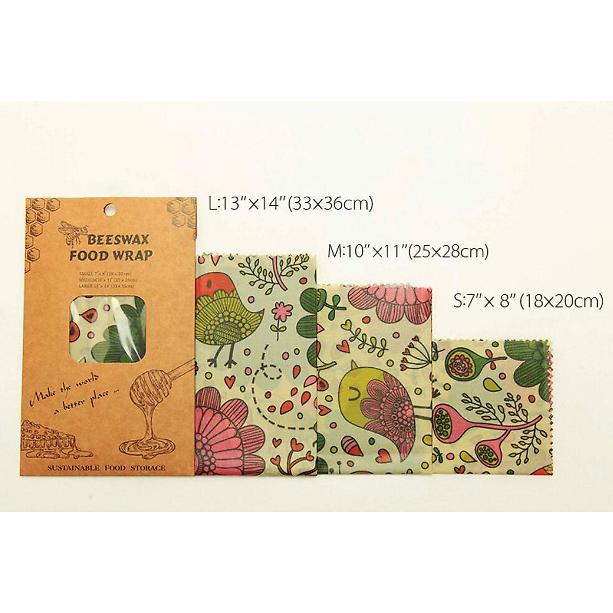 VOVOLO (Bird Print 3 Size S/M/LReusable Beeswax Food Wraps Eco Friendly Wrappers Sustainable Plastic Free Food Storage Washable Bowl Covers Sandwich Wrappers