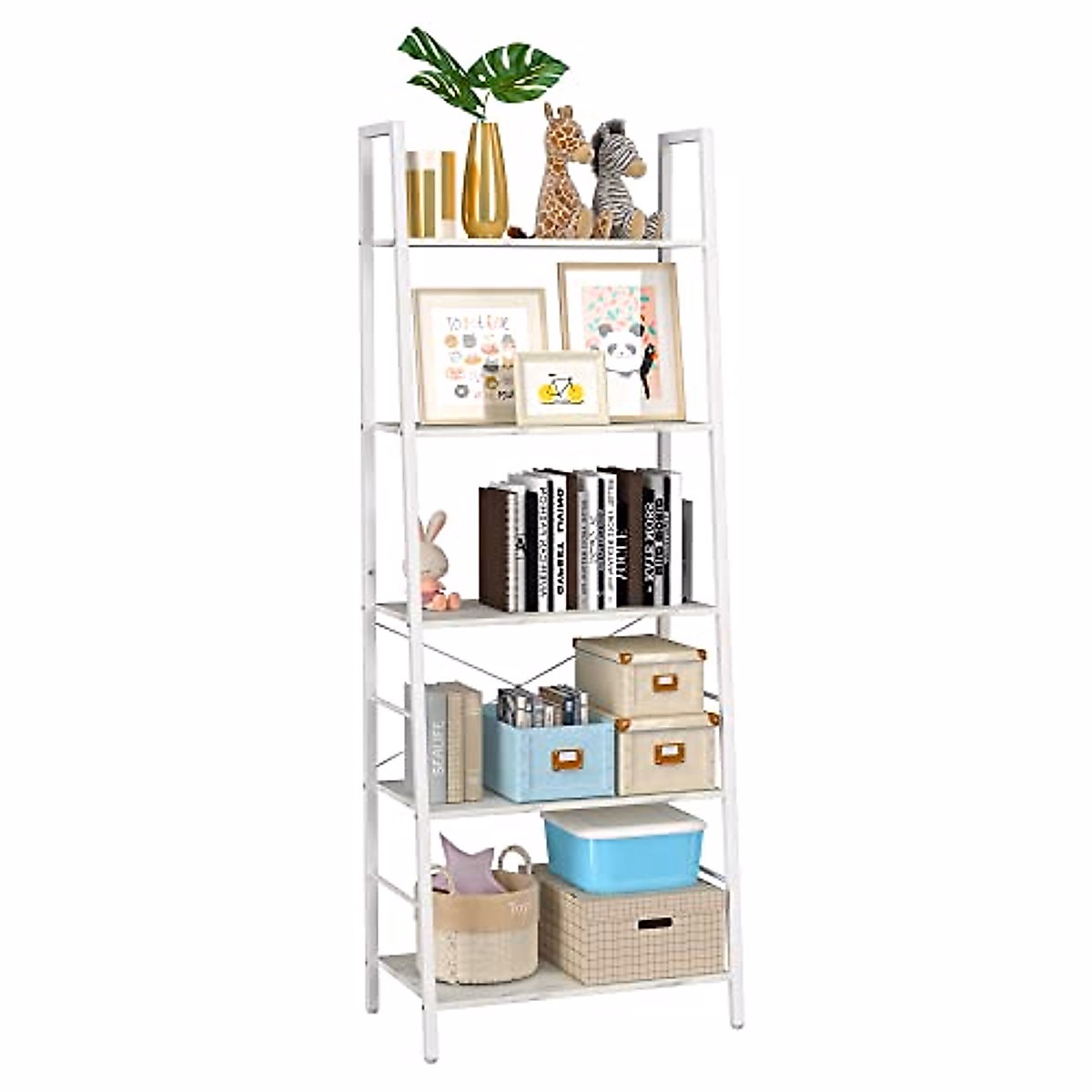 Yusong Ladder Shelf,Industrial 5-Tier Bookshelf,Free Standing Bookcase,Utility Organizer Shelves for Plant Flower,Wood Look Accent Furniture with Metal Frame for Home Office, (White)