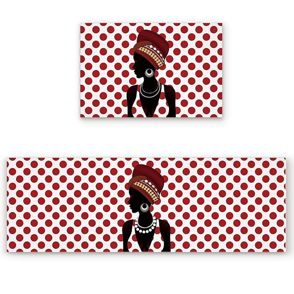 African Women Kitchen Rugs Set, 2 Pieces Comfortable Standing Mats, Floor Rug for Laundry Room, Dining Room, Playroom 19.7x31.5inch+19.7x63inch, Polka Dots Red Black White