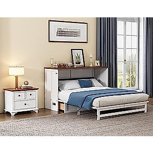 JIVOIT Wooden 2 Pieces Bedroom Set, Full Size Murphy Bed with Two-Drawer Nightstand, Murphy Bed Chest with Charging Station and Large Storage Drawer for Home Office or Small Room