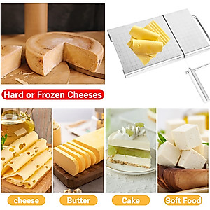 Stainless Steel Cheese Slicer with Accurate Size Scale Includes Wire Cheese Slicer, 5 Replacement Wires Cheese Cutters and 4 Mini Stainless Steel Cheese Knives Butter Knife & Fork for Cheese Butter