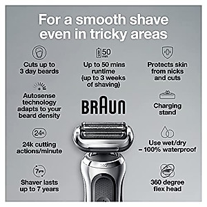 Braun Series 7 7032cs Flex Electric Razor for Men, Wet & Dry, Electric Razor, Rechargeable, Cordless Foil Shaver with Beard Trimmer and Charging Stand, Silver