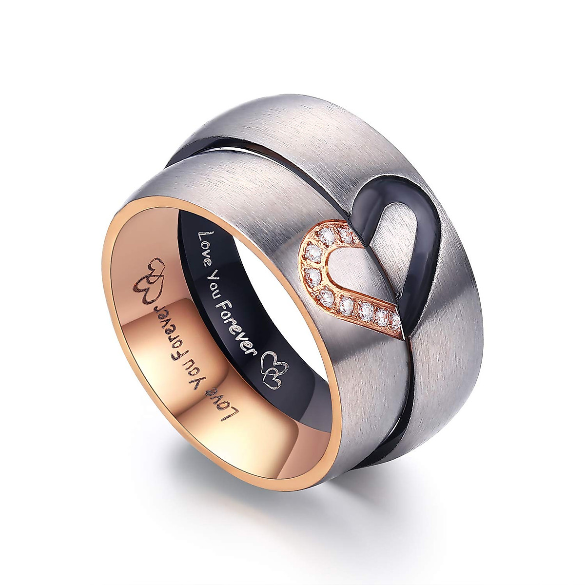 LAVUMO Matching Promise Rings for Couples Love You Forever Wedding Bands Sets for Him and Her Half Heart Rings Stainless Steel 6mm with Box Comfort Fit (Men 9 & Women 7)