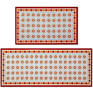 AUTODECO 2 PCS Farmhouse Kitchen Mats and Rug Set - Vintage Water Absorb Microfiber Kitchen Rug Non Skid Washable for Bathroom Laundry Room 17"x29.5"+17"x47", Orange&Red