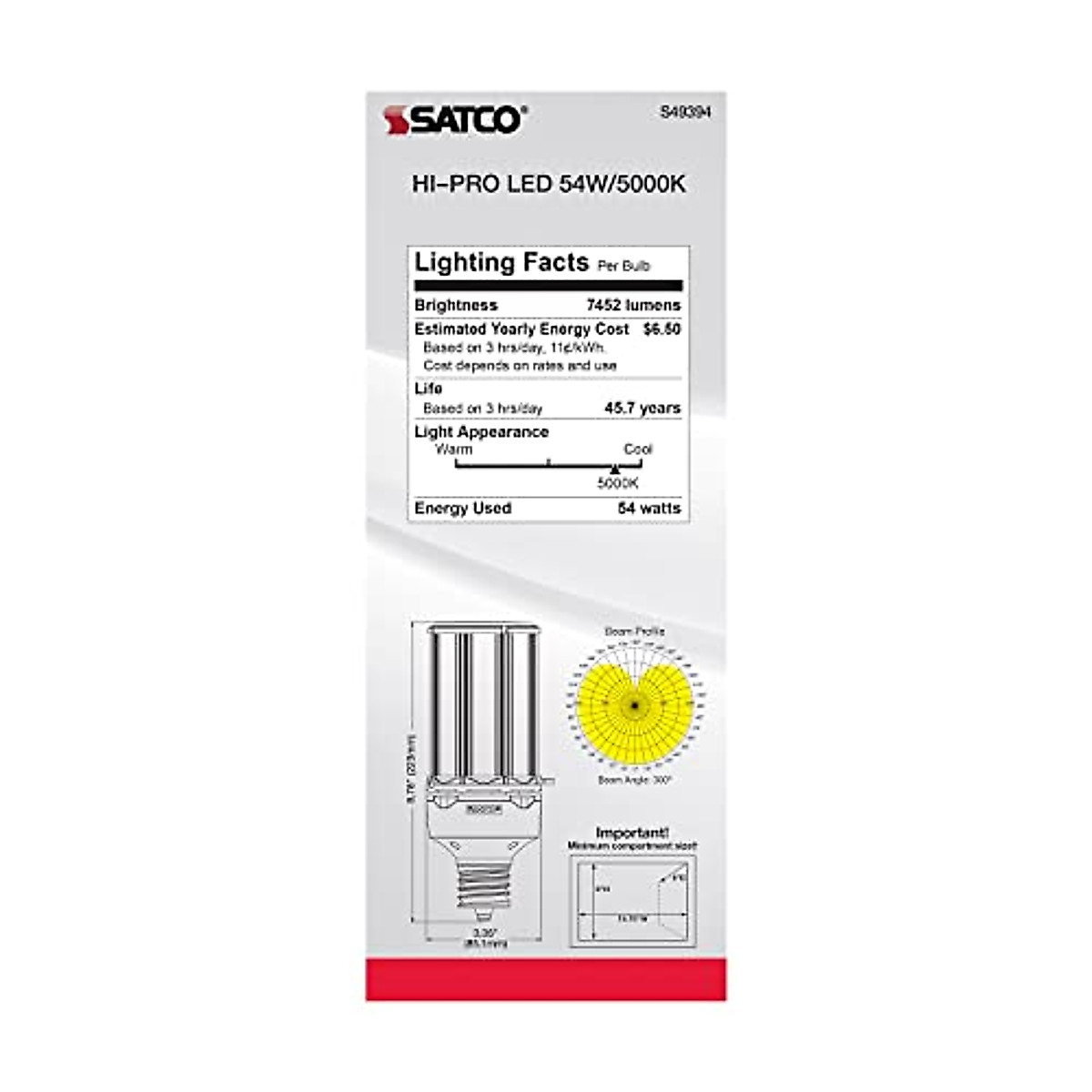 Satco S49394 Hi-Pro High Lumen LED Corncob Light Bulb, HID Replacement, 54 Watts, White