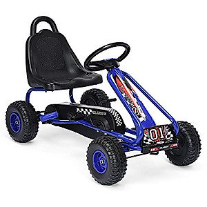 HONEY JOY Go Kart for Kids, 4 Wheel Pedal Powered Go Cart with Steering Wheels & Adjustable Seat, Safety Hand Brake, Non-Slip Tires, Outdoor Off-Road Racer Ride On Pedal Car for Boy Girl (Blue)