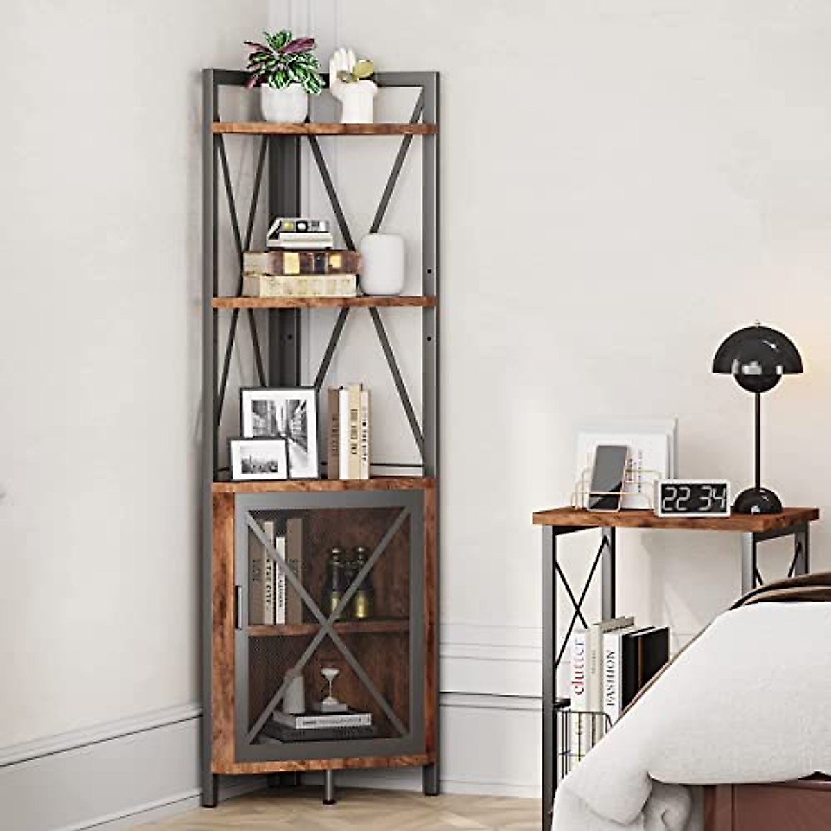 JZM Corner Shelf 5-Tier with Storage, Rustic Corner Bookshelf Stand Storage Rack with Adjustable Board, Industrial Corner Plant Stand Shelves for Living Room Kitchen