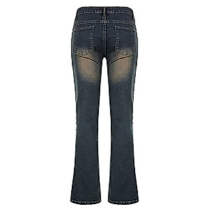 HOXIJIA Women High Waisted Wide Leg Denim Pants Y2K Patterned Baggy Flared Hem Jeans Stretch Bell Bottom Trousers (Blue-E, M)