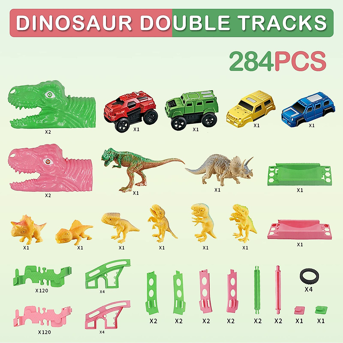 Dinosaur Toys for Kids Green and Pink Double Dinosaur Tracks Race Car Create Flexible Tracks Dinosaue World Playset 284 pcs for Gifts