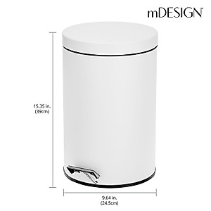 mDesign 3.2 Gallon/12 Liter Round Metal Step Trash Wastebasket, Garbage Container Bin for Bathroom, Powder Room, Bedroom, Kitchen, Craft Room, Office - Removable Liner Bucket - White