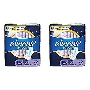 Always Maxi Overnight Pads with Wings, Size 5, Extra Heavy Overnight, Unscented, 72 Count (Pack of 2)