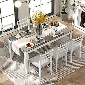 LUMISOL 7 Piece Dining Table Set, Solid Wood Extendable Kitchen Table Set with 12" Leaf and Storage Drawers, Farmhouse Style Dining Table and Upholstered Chairs Set of 6 for Dining Room, Brown+White