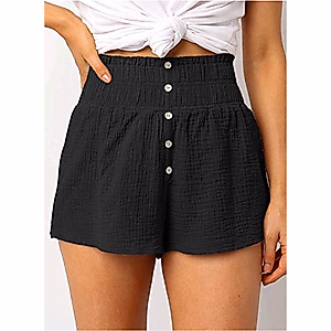 Dokotoo Womens Ladies Casual Soft High Waisted Linen Shorts for Women Trendy for Summer Comfy Elastic Waist Summer Beach Cruise Travel Resort Wear Vacation Outfits Short Pants Solid Black Medium
