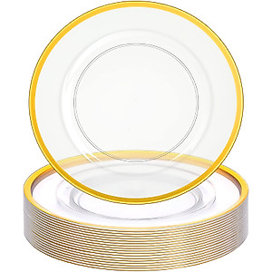 Pinkunn 24 Pcs Charger Plates Bulk 13 Inch Plastic Round Dinner Plate Gold Rim Serving Plates Clear Plastic Plates for Party Banquet Wedding Family Kitchen Table Decor Supplies