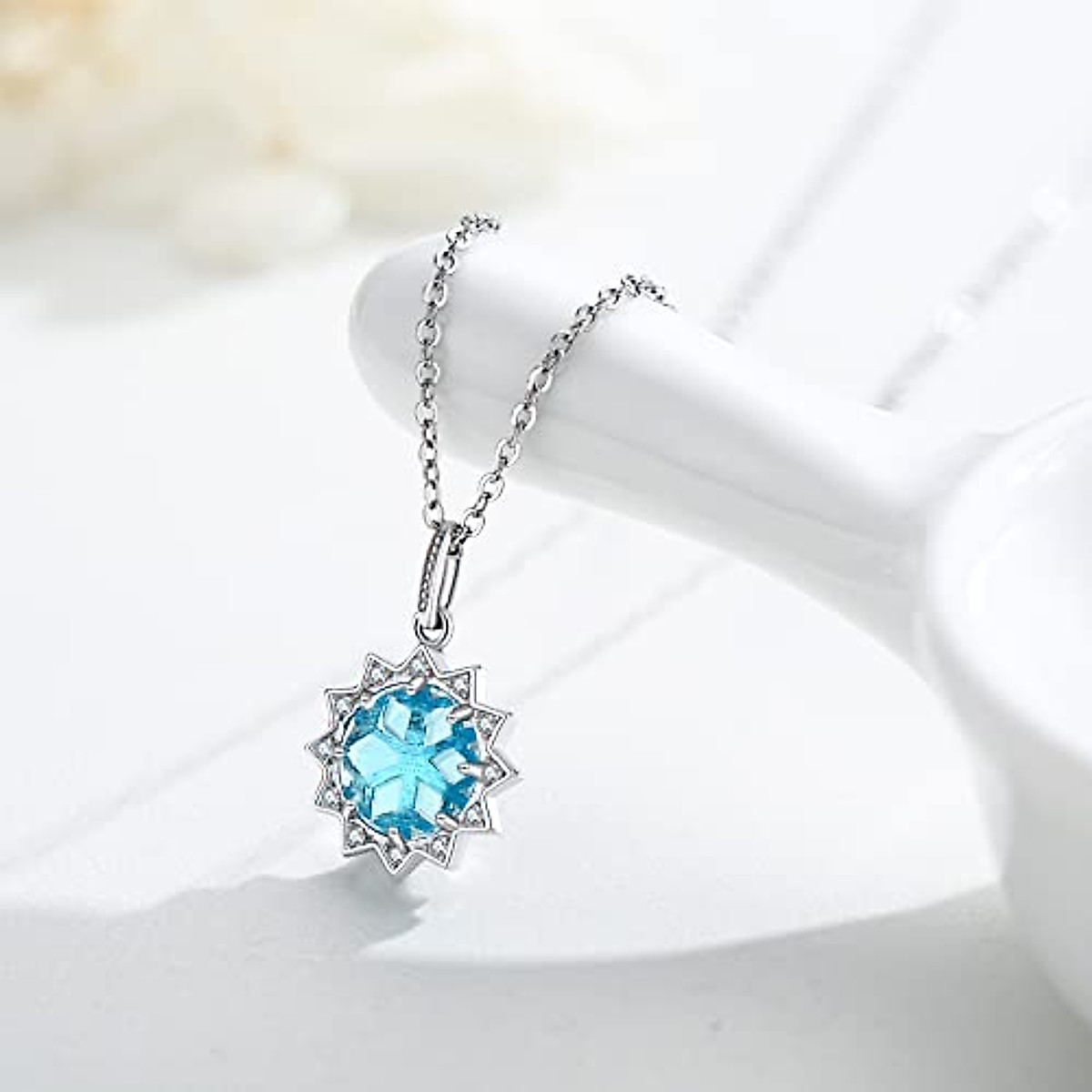 Snowflake Necklace 925 Sterling Silver with Blue CZ Snowflake Pendant Necklace Jewelry Gift for Women Her Birthday Chrismas