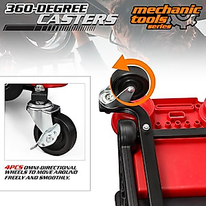 M-AUTO Rolling Mechanic Stool Garage Roller Chair Creeper Seat w/Storage Tool Tray and Drawers,300LBS Capacity Workbench Stool with Lockable Rollers for Home Garage DIY Automotive, 25" Red