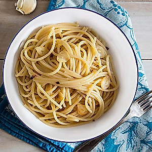 Webake 9.5 Inch Enamel Plates, 2 Pack Salad Pasta Bowls Enamelware Dinner Plates White Body with Blue Rim, Serving Trays for Dinner, Outdoor, Picnic, BBQ, Butter