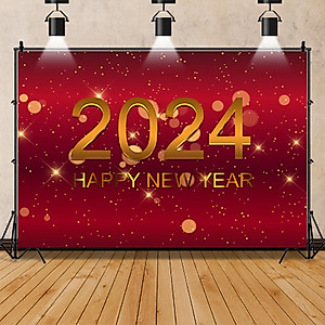 Baocicco 9x6ft 2024 Happy New Year Party Photography Background Champagne Bokeh Gold Glitter Chinese Red Background Photo Backdrop New Year Eve Party Night Carnival Kids Adults Photoshoot Studio