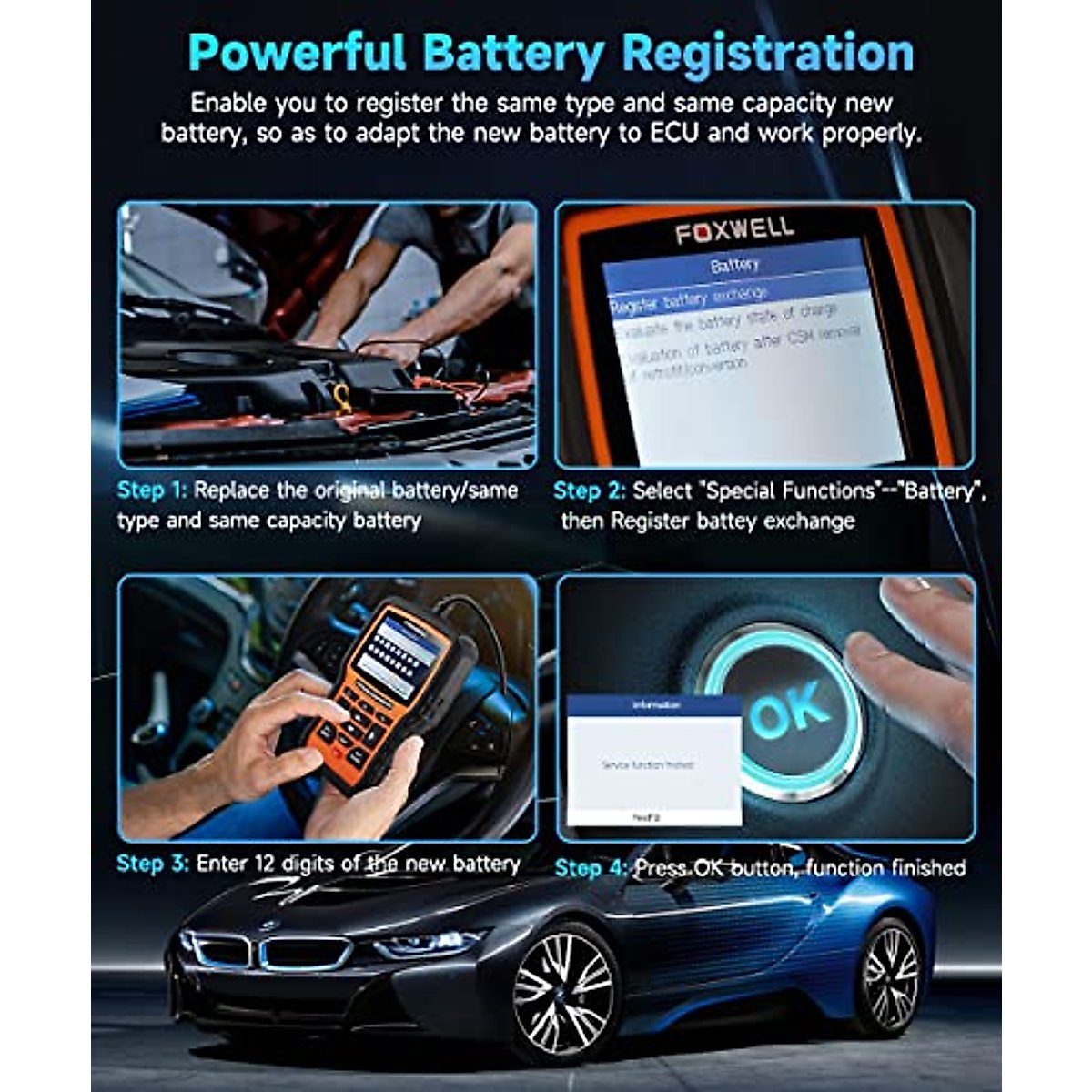FOXWELL NT510 Elite OBD2 Scanner fit for BMW Full System Car Code Reader Diagnostic Tool with All Reset Services, Battery Registration ABS Bleed Airbag EPB Oil SAS TPS CKP Bidirectional Active Test