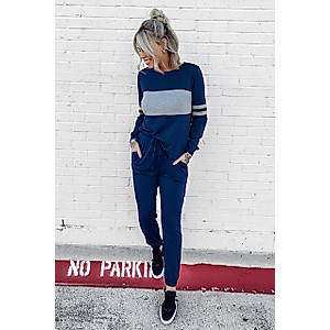 PRETTYGARDEN Women's Color Block 2 Piece Tracksuit Crewneck Long Sleeve Tops Long Sweatpants Outfits Lounge Sets(Bright Blue,Medium)