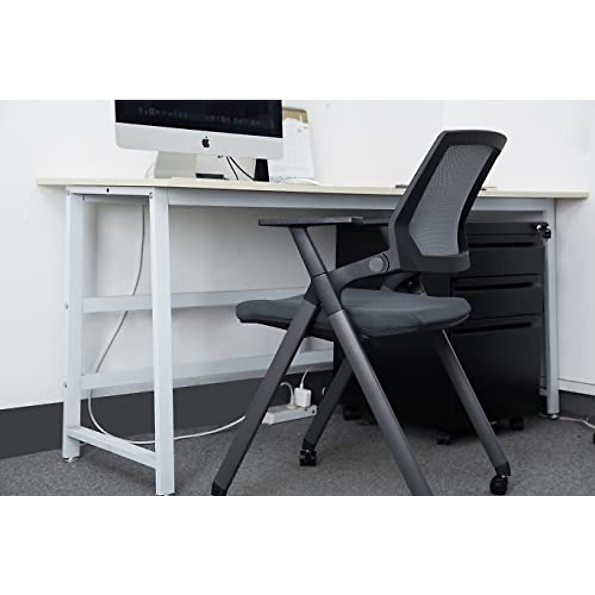 CLATINA Rolling Conference Room Chairs Set of 8, Folding Stackable Office Guest Reception Chairs with Armrests and Wheels, Mesh Waiting Room Chairs for Office, Meeting, Lobby, Church, Grey