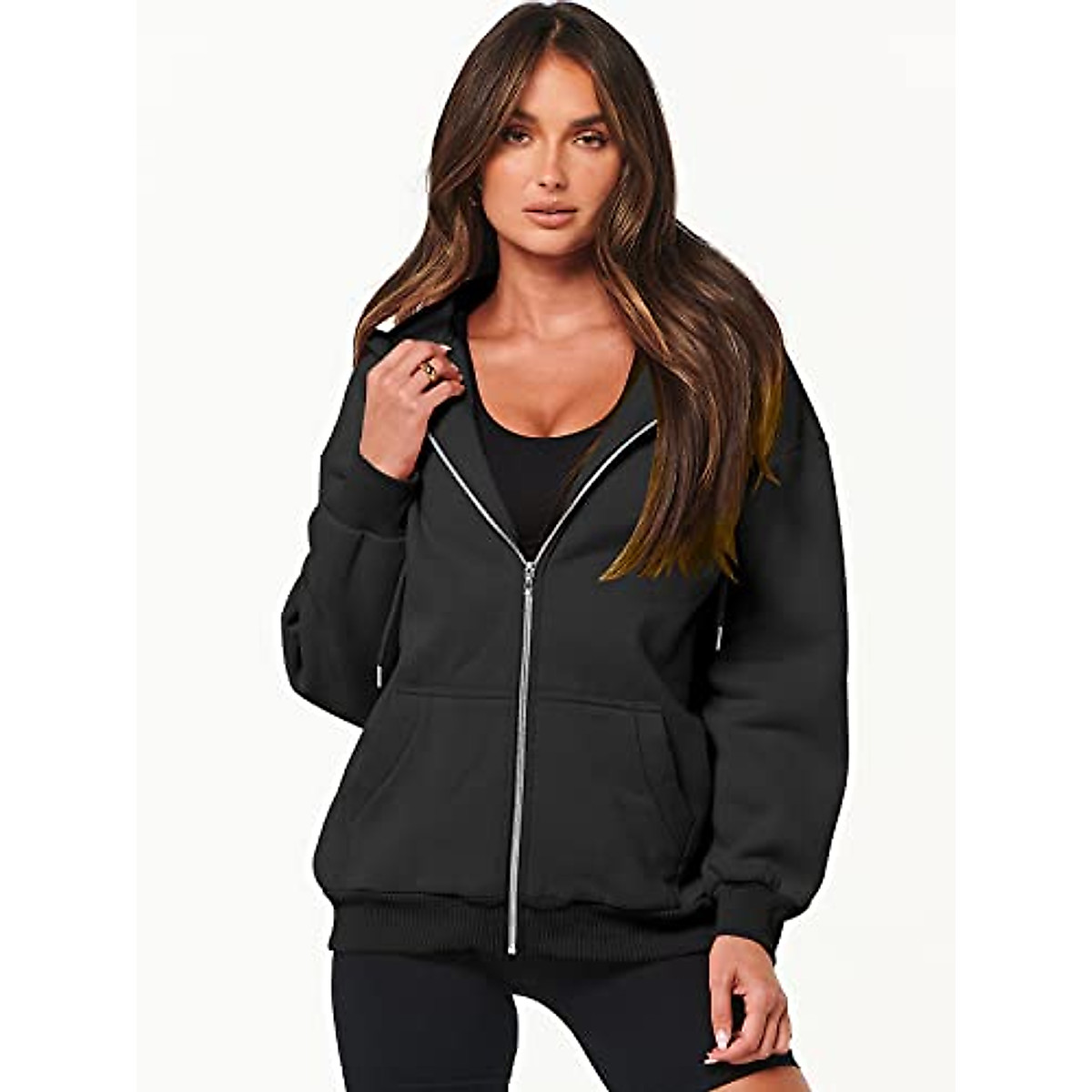 ANRABESS Women's Hoodies 2023 Fall Jacket Solid Athletic Tops Casual Long Sleeve Fleece Oversized Sweatshirts Cute Teen Girl Zip Up Clothes Black A989heise-S