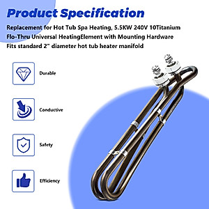 Adabuing 5.5KW 240V Titanium Hot Tub Spa Heating for Universal Heating Element Replacement for Flo-Thru, Also fit for Balboa Spa Heater Element and Spas Electric Heaters Or Swimming Pools -(10 inch)
