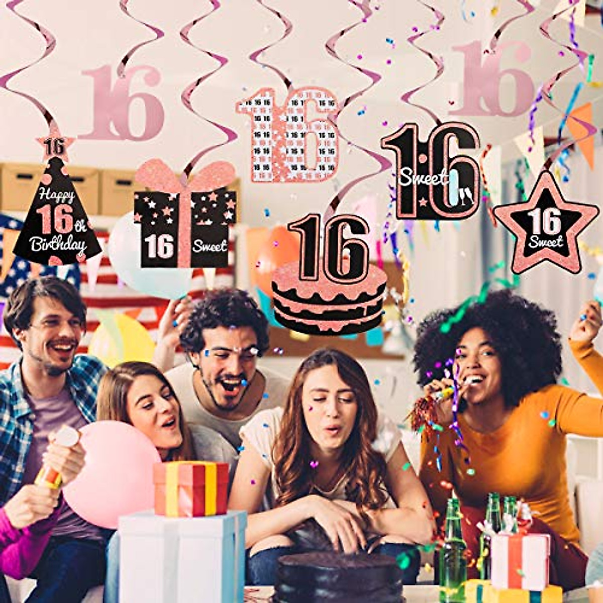 Excelloon 16th Birthday Decorations, 8Pcs 16 Foil Hanging Swirls, Sweet 16 Birthday Hat Cake Present Star Decorations, Happy 16th Birthday Party Supplies (Rose Gold)