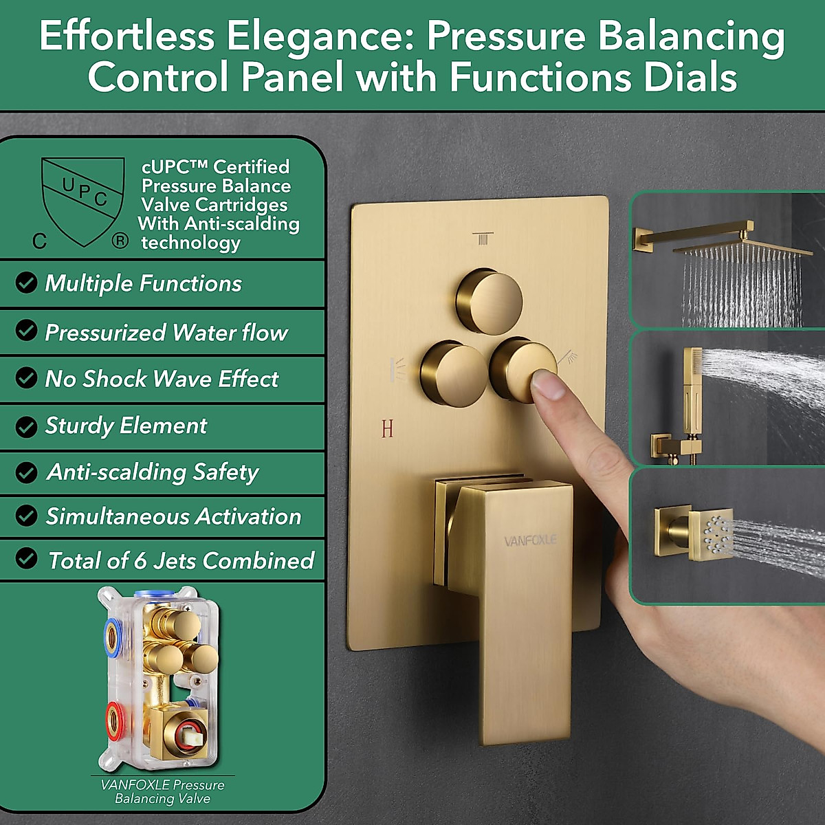 VANFOXLE Shower Faucet Set Brushed Gold Shower System with 6 PCS Body Jets(2 Inch),Push Button Diverter Shower Fixtures with 2 in 1 Handheld,10 Inch Shower Head(Rough-in Valve Body and Trim Included)