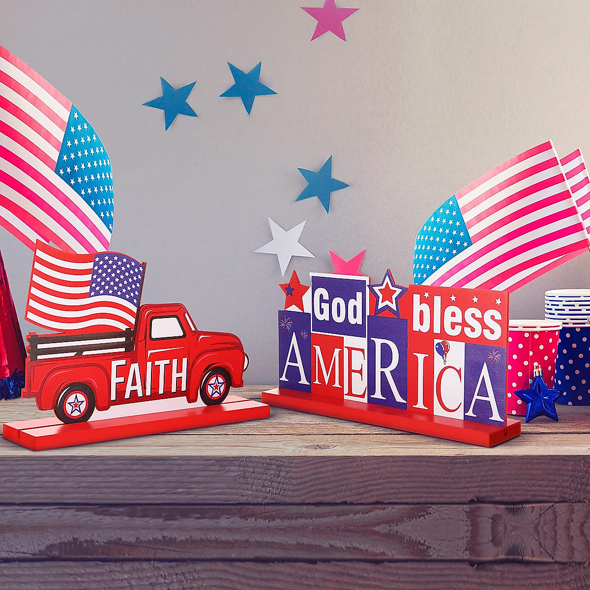 4 Pieces Patriotic Table Decoration 4th of July Wooden Table Centerpiece Independence Day Wood Letter Sign Home of Free God Bless America Table Decoration for Patriotic Party Memorial Day Home Decor