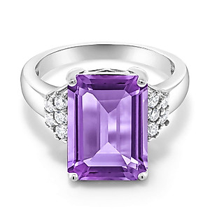 Gem Stone King 925 Sterling Silver Emerald Cut Gemstone Birthstone Engagement Ring | Emerald Cut 14X10MM | Wedding Anniversary Promise Ring For Women | Available In Size 5, 6, 7, 8, 9