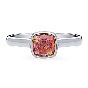 BERRICLE Sterling Silver Solitaire Red Orange Bezel Set Cushion Cut Cubic Zirconia CZ Kaleidoscope Fashion Ring for Women, Rhodium Plated 1.25 Carat Size 5