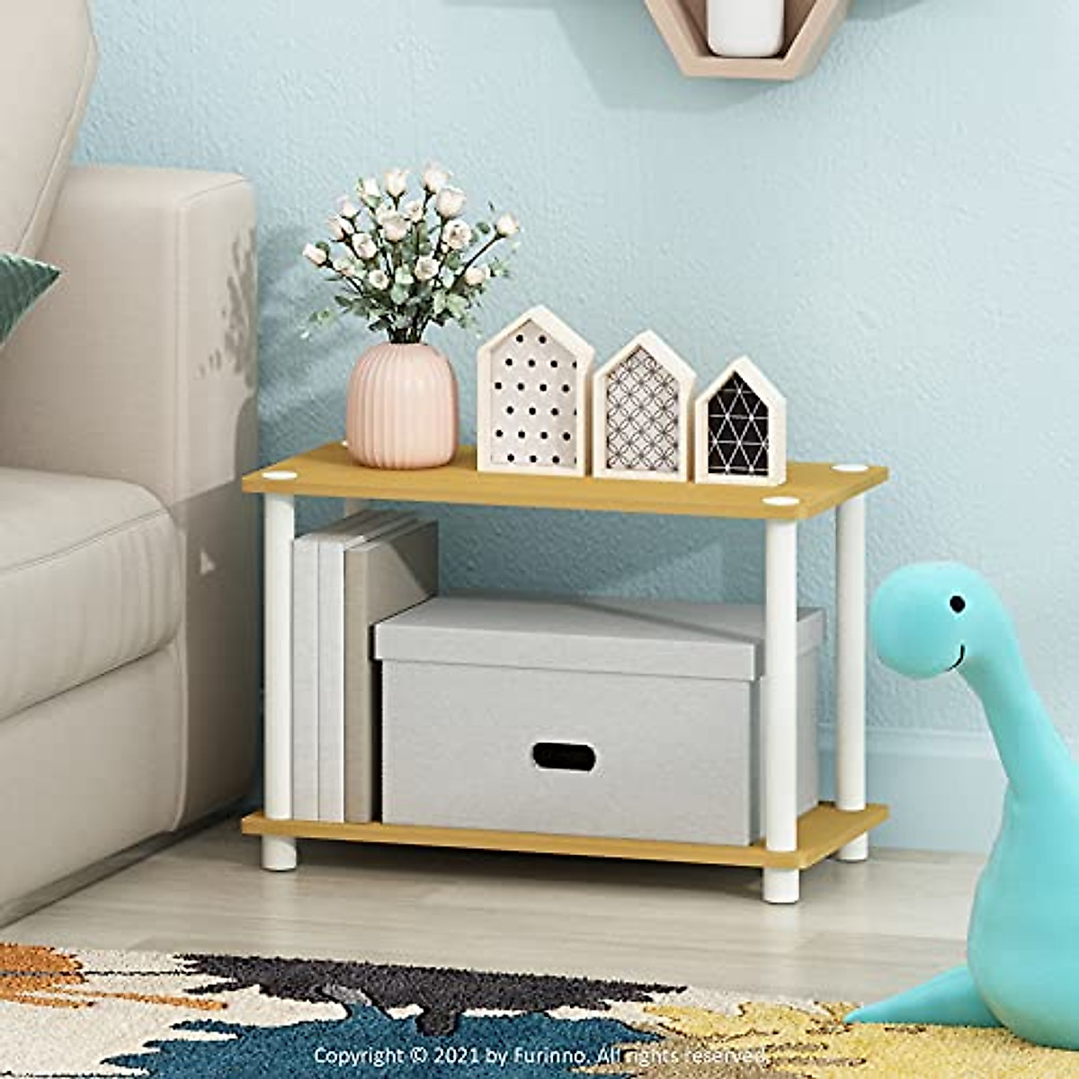 Furinno Turn-N 2-Tier No Tools Tube Shelf/End Table, Single, Beech/White