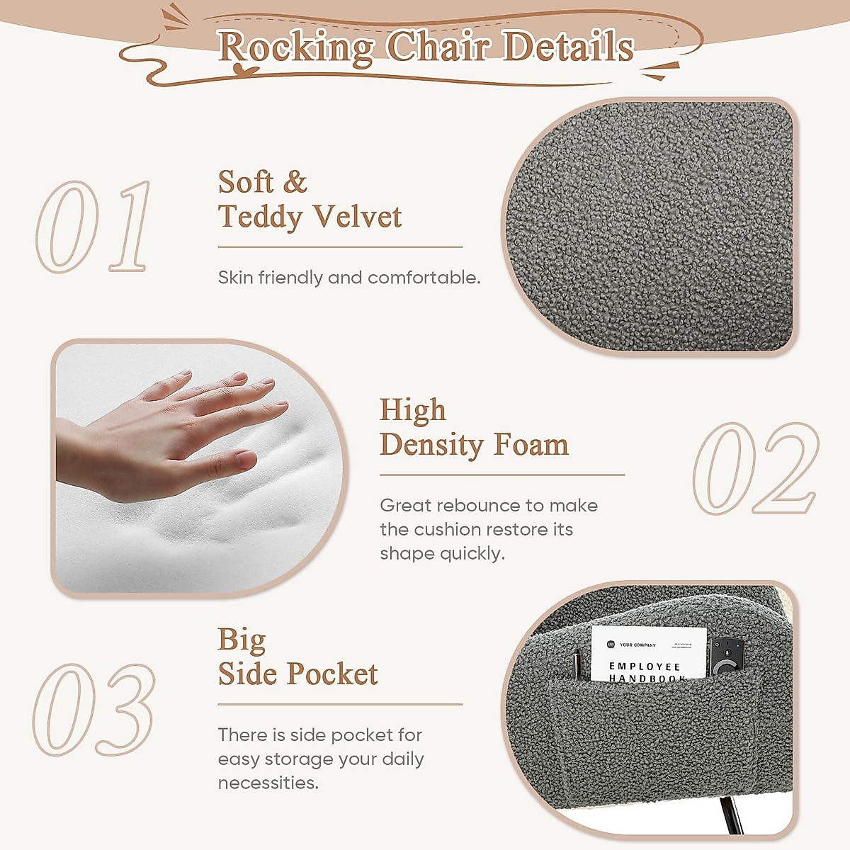 KINFFICT Accent Rocking Chair, Tufted Upholstered Glider Rocker for Nursery, Comfy Armchair with Side Pockets, Modern Lounge Arm Chair for Living Room, Bedroom (Upgraded Teddy Gray)