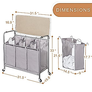 STORAGE MANIAC 3-Section Laundry Sorter with Foldable Ironing Board, Heavy-Duty Rolling Laundry Cart with and Removable Bags, Triple Laundry Hamper with Wheels, Laundry Sorter with Top Shelf, Grey