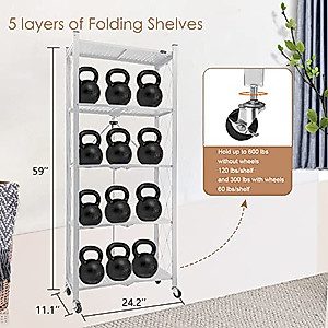 ALANNG 5 Tier Storage Shelves Heavy Duty on Wheels, Foldable Metal Shelving Units 11.1" D x 24.2" W x 59" H for Garage Kitchen Bakers, No Assembly Organizer Rack White