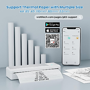vretti Portable Printers Wireless for Travel, P83 inkless Printer with 304DPI, Portable Thermal Printer, Instant Printing, Inkless Printer for iOS&Android, Support 8.5" X 11" US Letter&Legal A4&B5