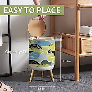 PHAIBHKERP Small Trash Can with Lid Scandinavian Graphic Seamless with housetrees and Garbage Bin Round Waste Bin Press Cover Dog Proof Wastebasket for Kitchen Bathroom Living Room 1.8 Gallon