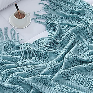 jinchan Cable Knit Throw Blanket Teal Soft Blanket with Tassels Indoor Outdoor Travel Warm Coverlet for Sofa Comforter Couch Bed Throw Blanket Spring Living Room Decor Nursery Gift 50x60 inch